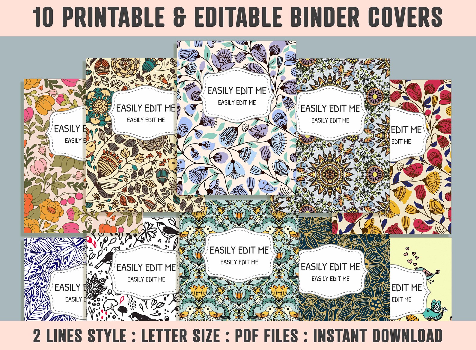Flower and Birds Binder Cover, 10 Printable & Editable Binder Covers ...