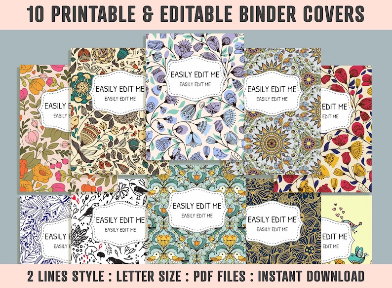 Flower and Birds Binder Cover, 10 Printable & Editable Binder Covers ...