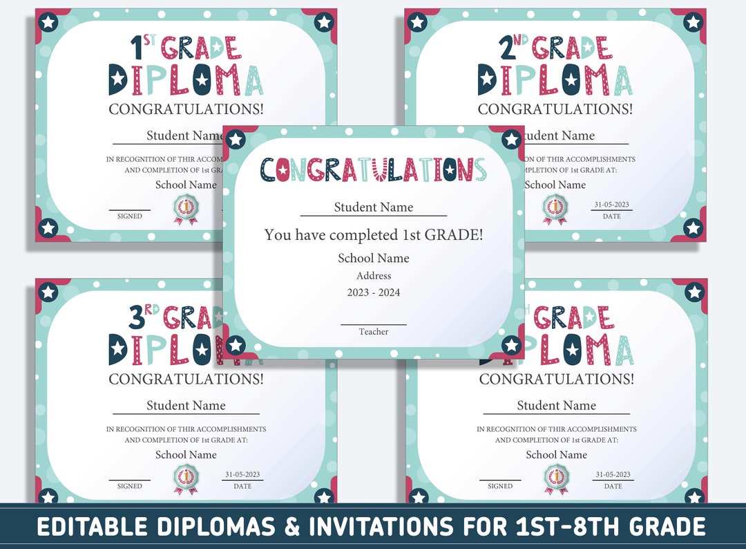 Editable First Grade Awards, 1st to 8th Grade Diploma, Certificate of ...