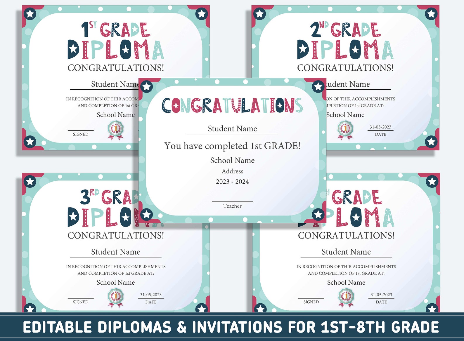 Editable First Grade Awards, 1st to 8th Grade Diploma, Certificate of ...