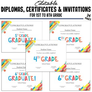 Editable Diplomas for 5th Grade, Certificates for 1st-8th Grade ...
