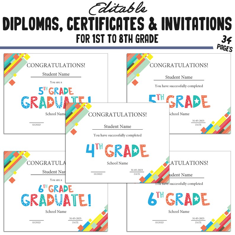 Editable Diplomas for 5th Grade, Certificates for 1st-8th Grade ...