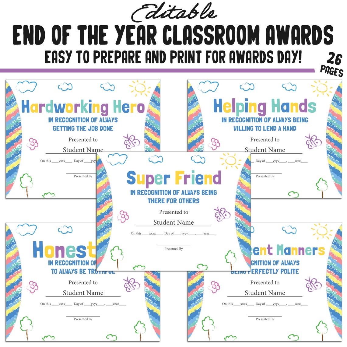 Editable End of Year Awards for Students, 26 Pages, PDF, Instant ...
