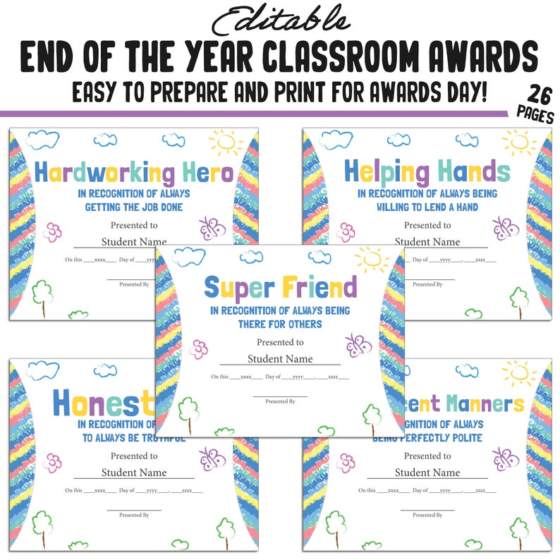 Editable End of Year Awards for Students, 26 Pages, PDF, Instant ...