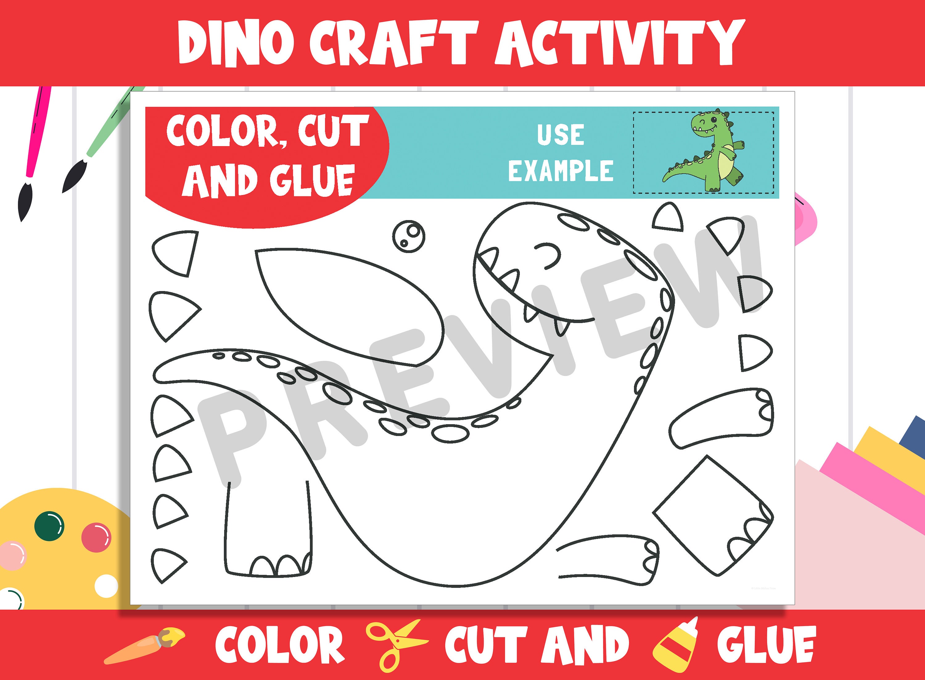 Cute Dino Craft Activity Color, Cut, and Glue for Prek to 2nd Grade ...