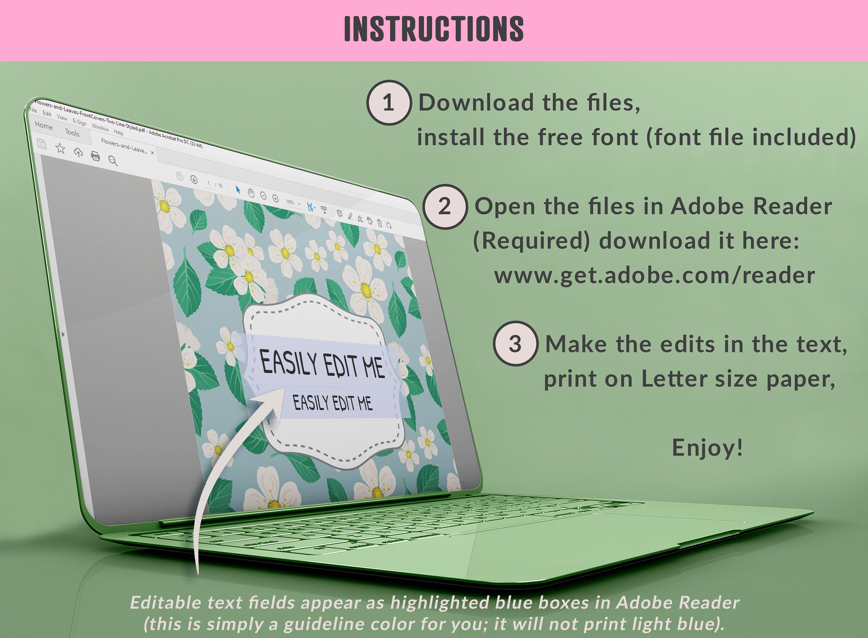 Flowers and Leaves Binder Cover, 10 Printable & Editable Coversspines ...