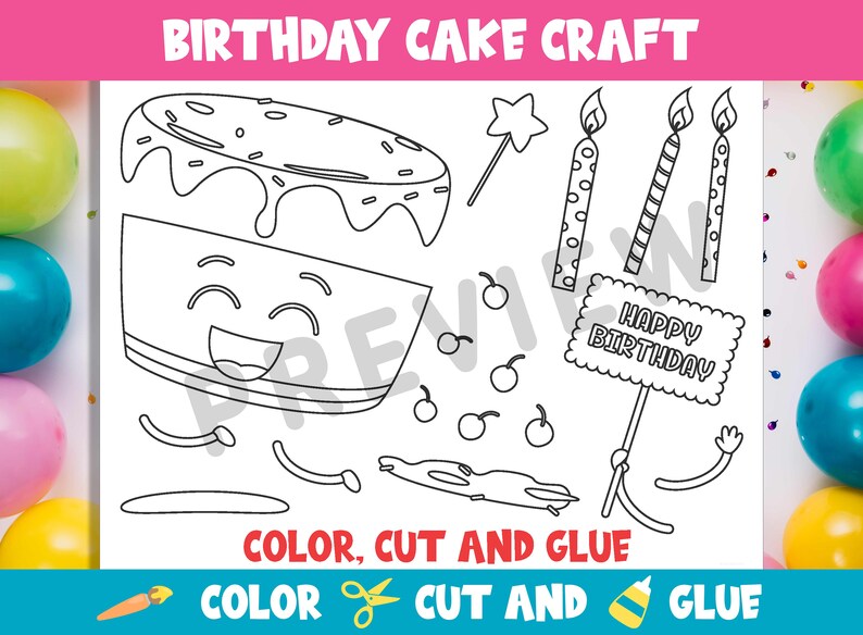 Birthday Cake Craft Activity Color, Cut, and Glue for Prek to 6th Grade ...