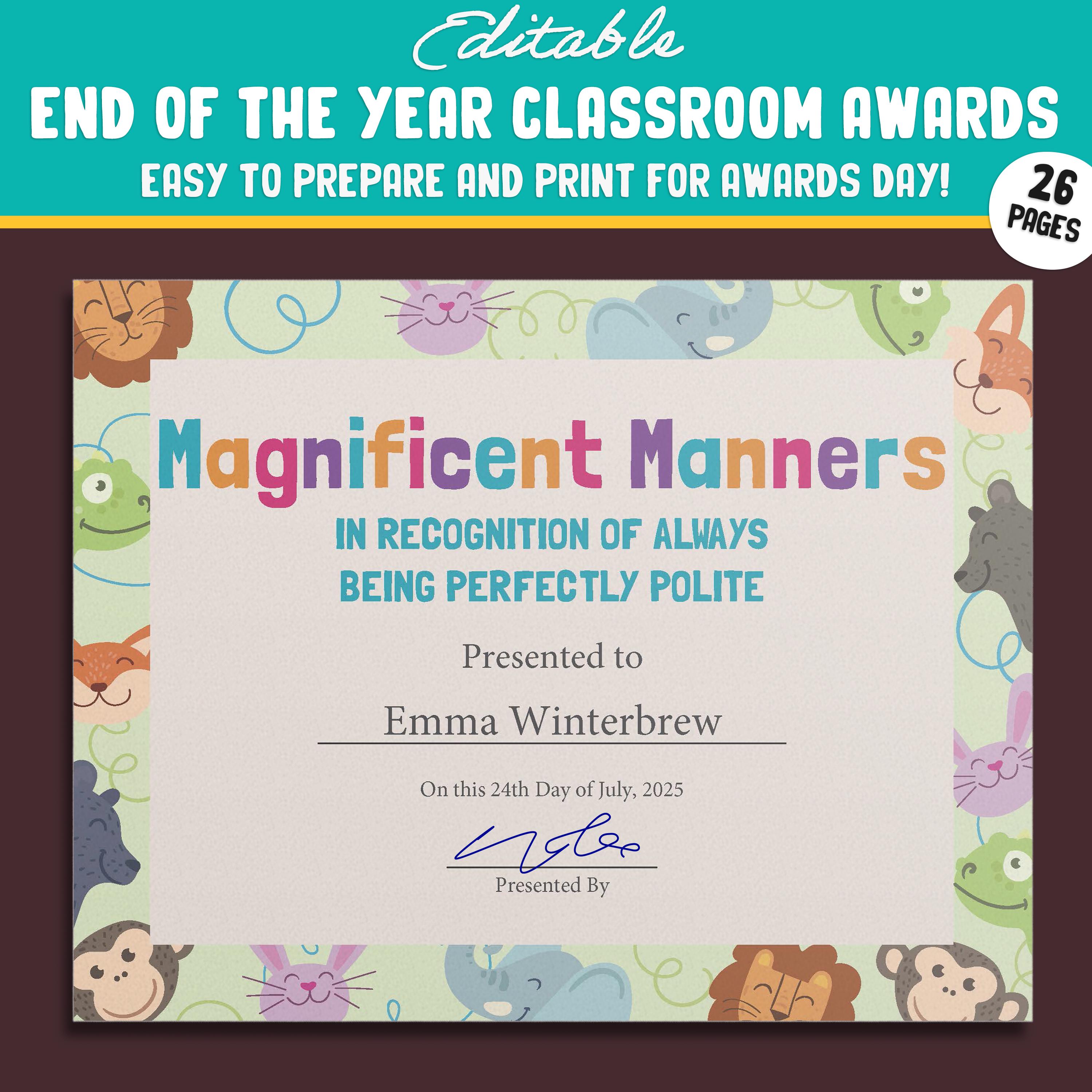 Editable Classroom Awards End of the Year Awards Student Recognition ...