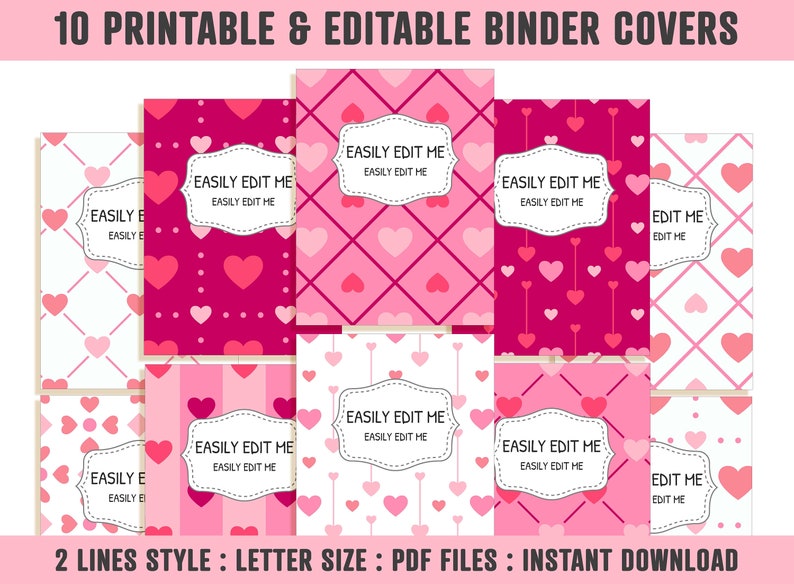 Binder Cover Pink, 10 Printable & Editable Binder Coversspines, Binder ...