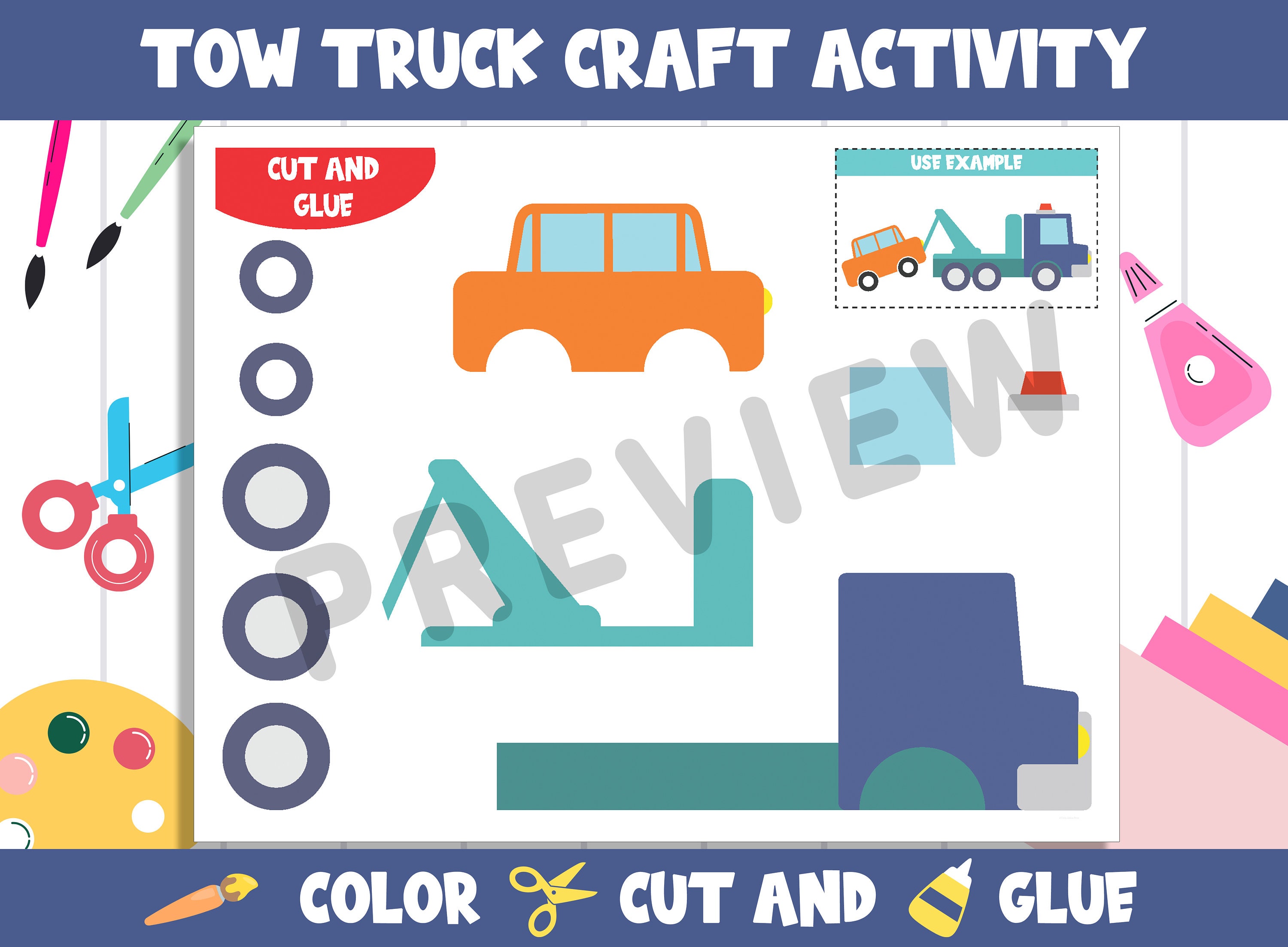 Tow Truck Craft Activity Color, Cut, and Glue for Prek to 2nd Grade ...