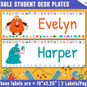 Student Desk Plates, 30 Printable/editable Monster Classroom Name Tags ...