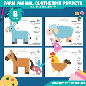 Farm Animal Clothespin Puppets for Kids: 8 Pages, 4 Unique Designs in ...