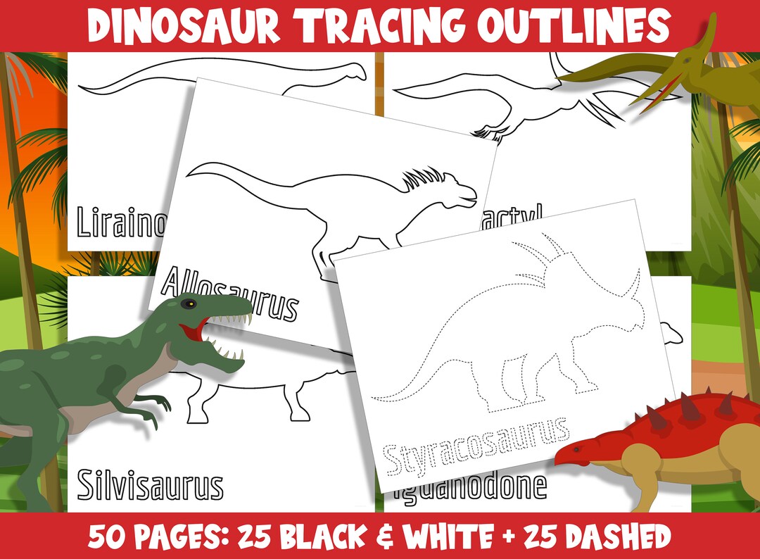Printable Dinosaur Outline, 25 Blank black & White 25 Dashed Tracing ...