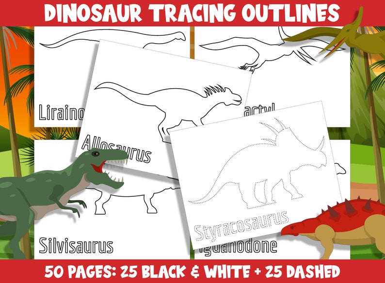 Printable Dinosaur Outline, 25 Blank black & White 25 Dashed Tracing ...