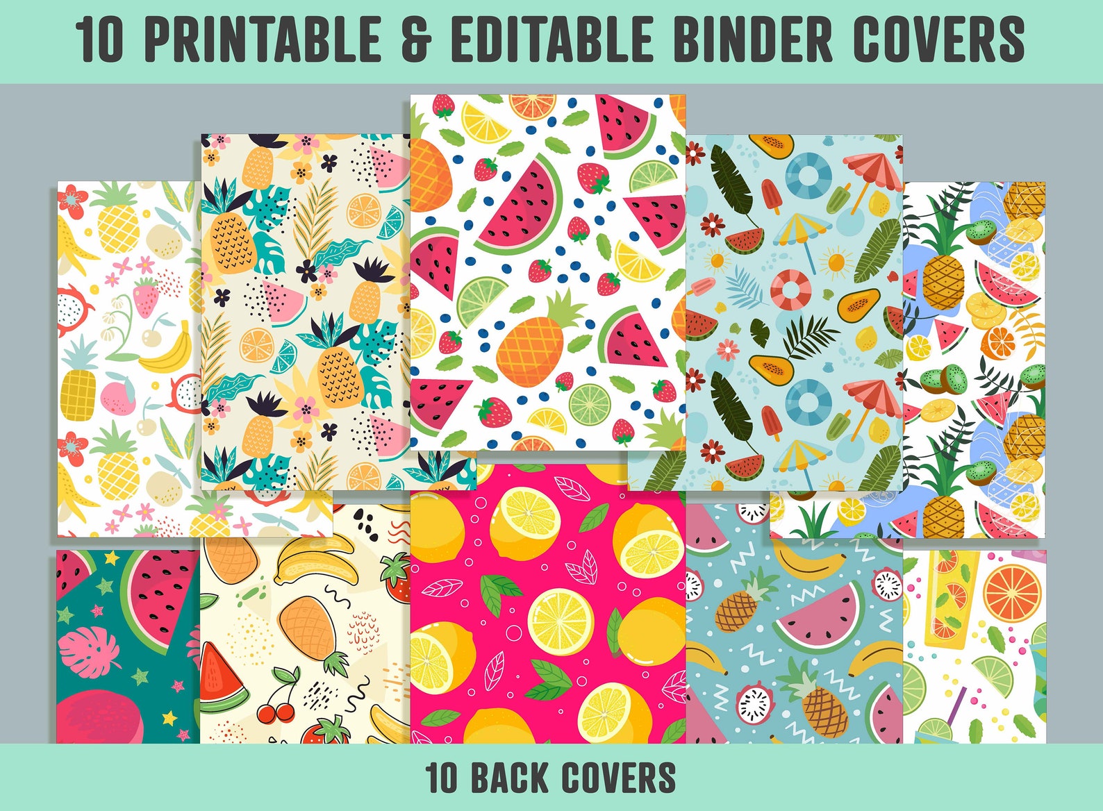 Summer Fruits and Berries Binder Cover, 10 Printable & Editable Covers ...
