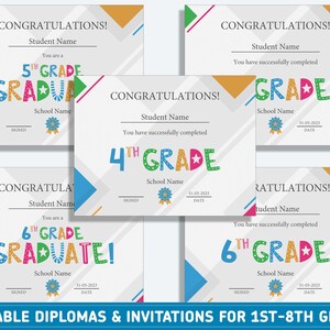 Editable 8th Grade Graduation, 1st to 8th Grade Diploma, Certificate of ...