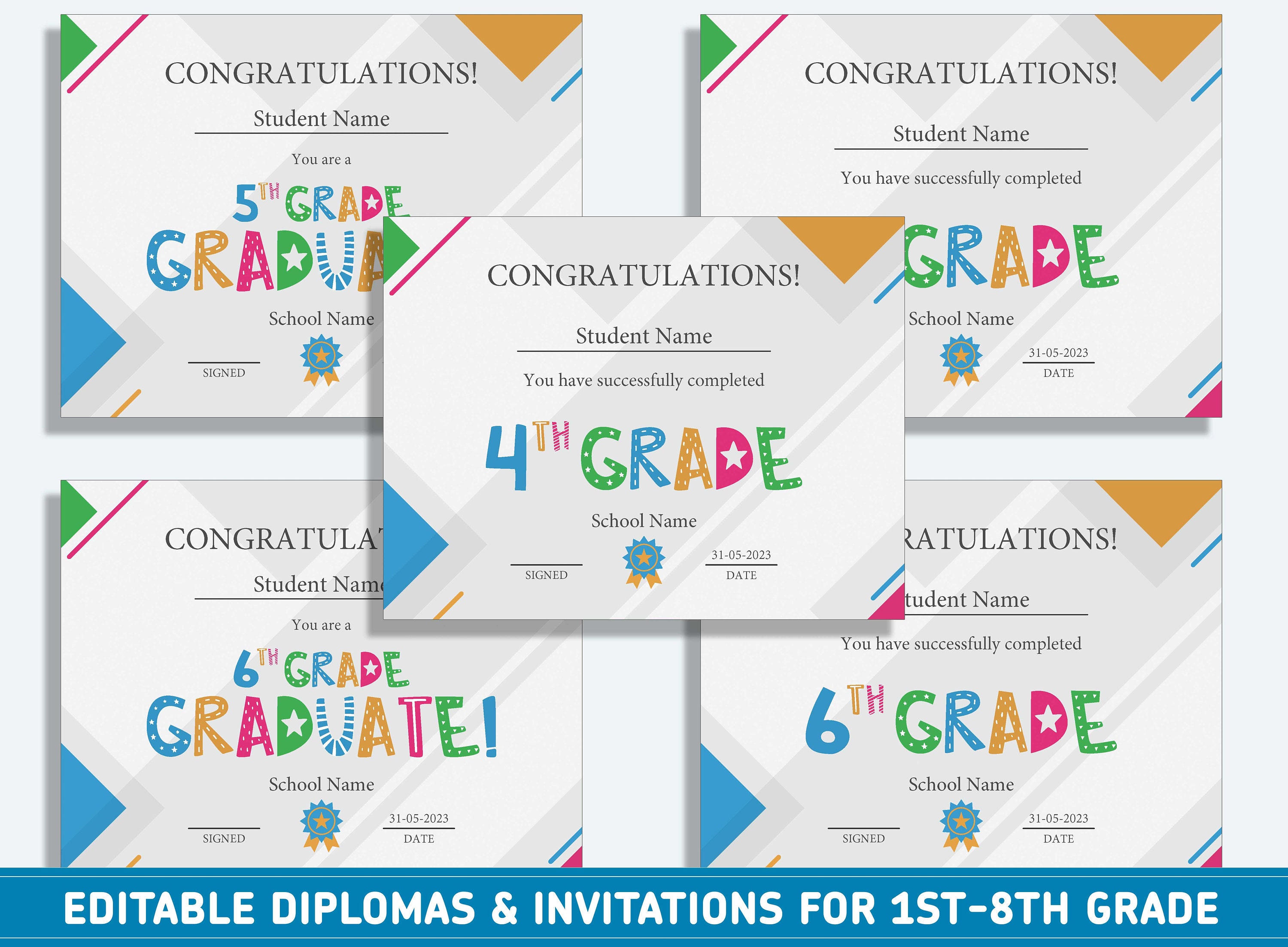 Editable 8th Grade Graduation, 1st to 8th Grade Diploma, Certificate of ...