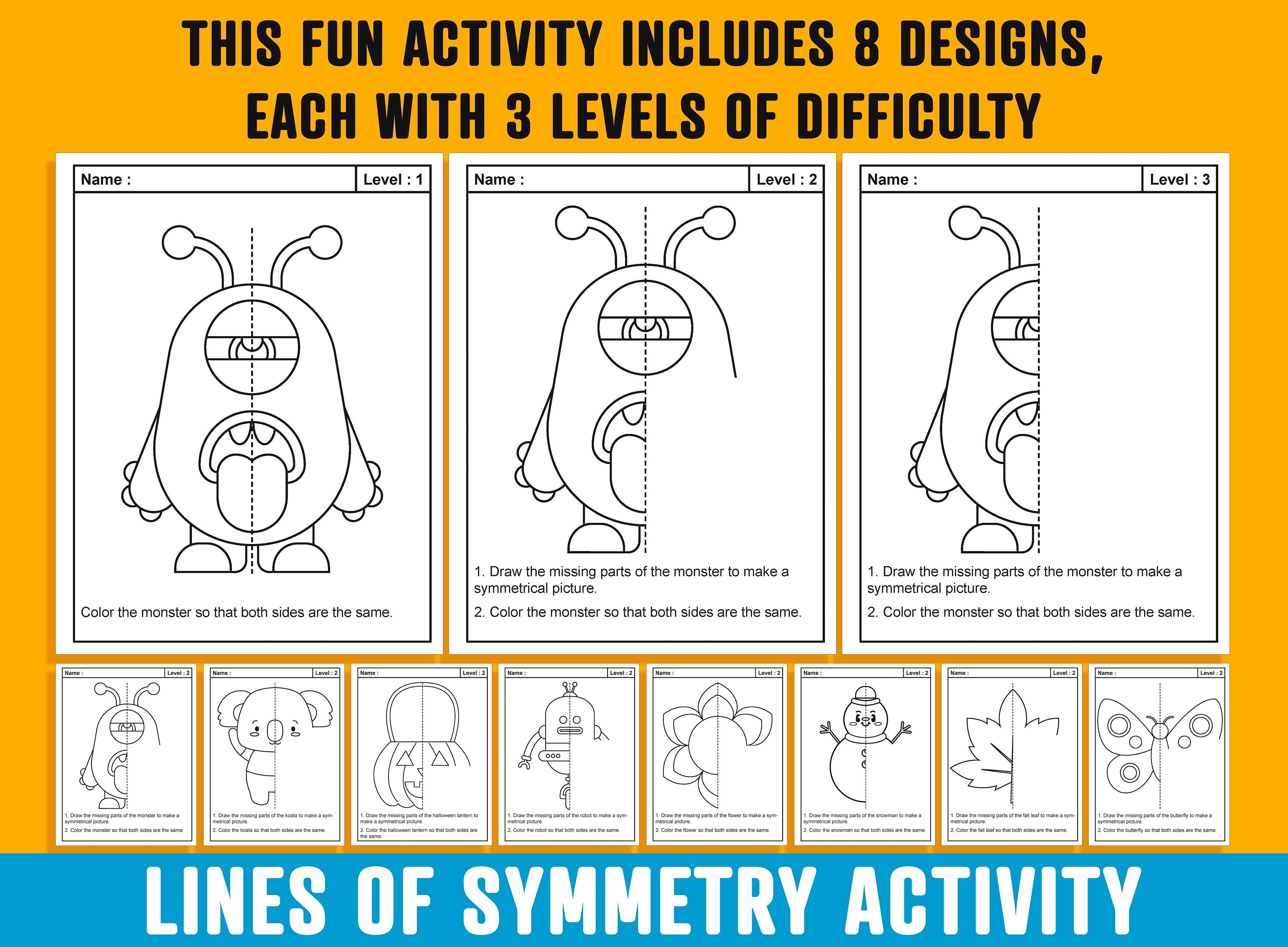 Lines of Symmetry Activity, 24 Pages/8 Designs, Each With 3 Levels of ...