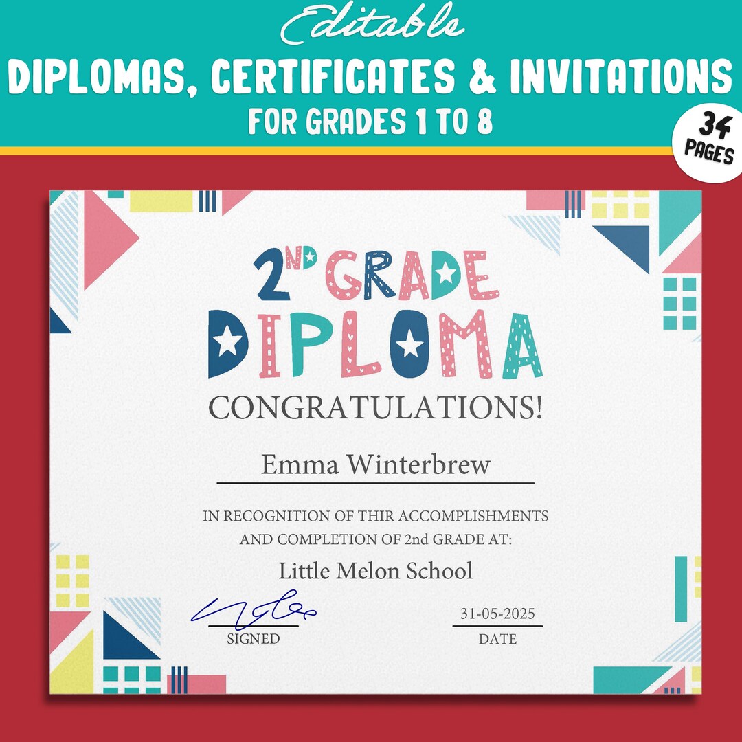 Editable 2nd Grade Diploma, 1st to 8th Grade Diploma, Certificate of ...