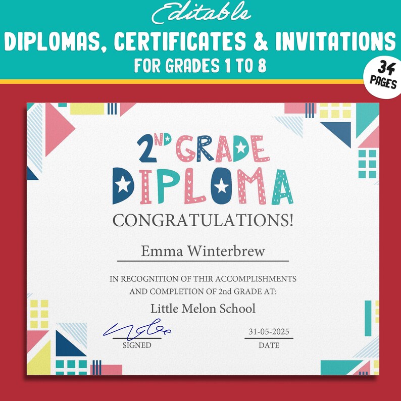 Editable 2nd Grade Diploma, 1st to 8th Grade Diploma, Certificate of ...