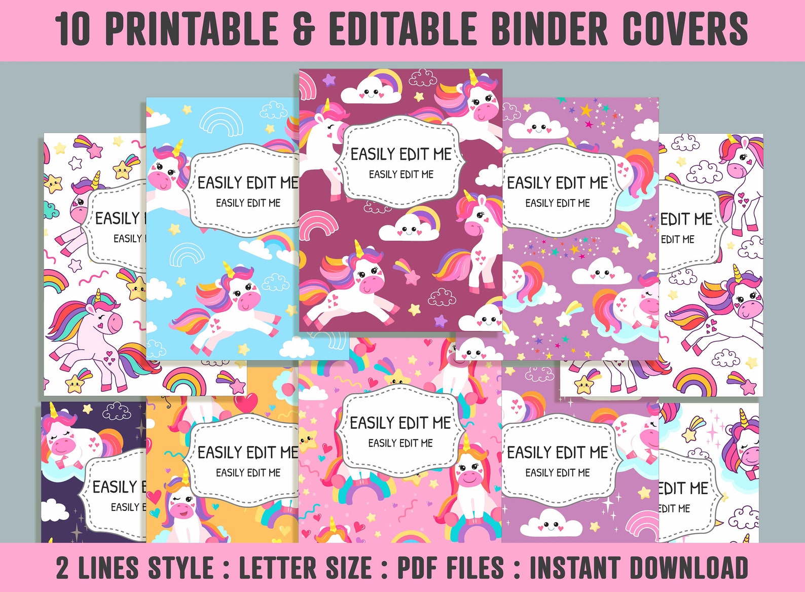 Colorful Unicorn Binder Cover, 10 Printable & Editable Covers Spines ...
