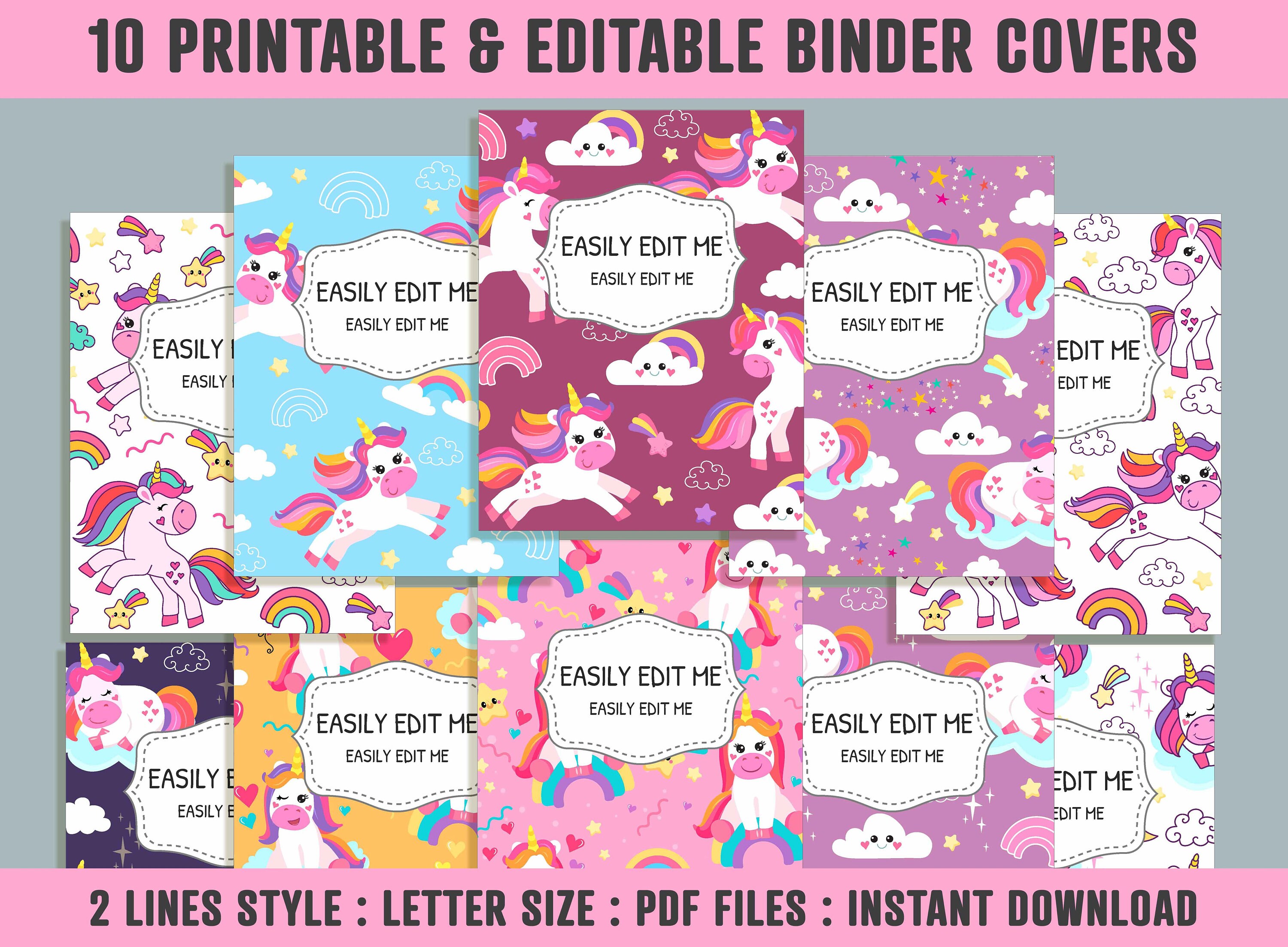 Colorful Unicorn Binder Cover, 10 Printable & Editable Covers + Spines ...