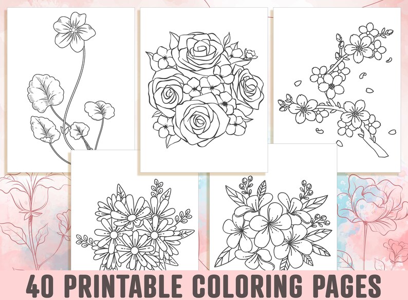 Floral Coloring Pages 40 Beautiful Floral and Flower - Etsy