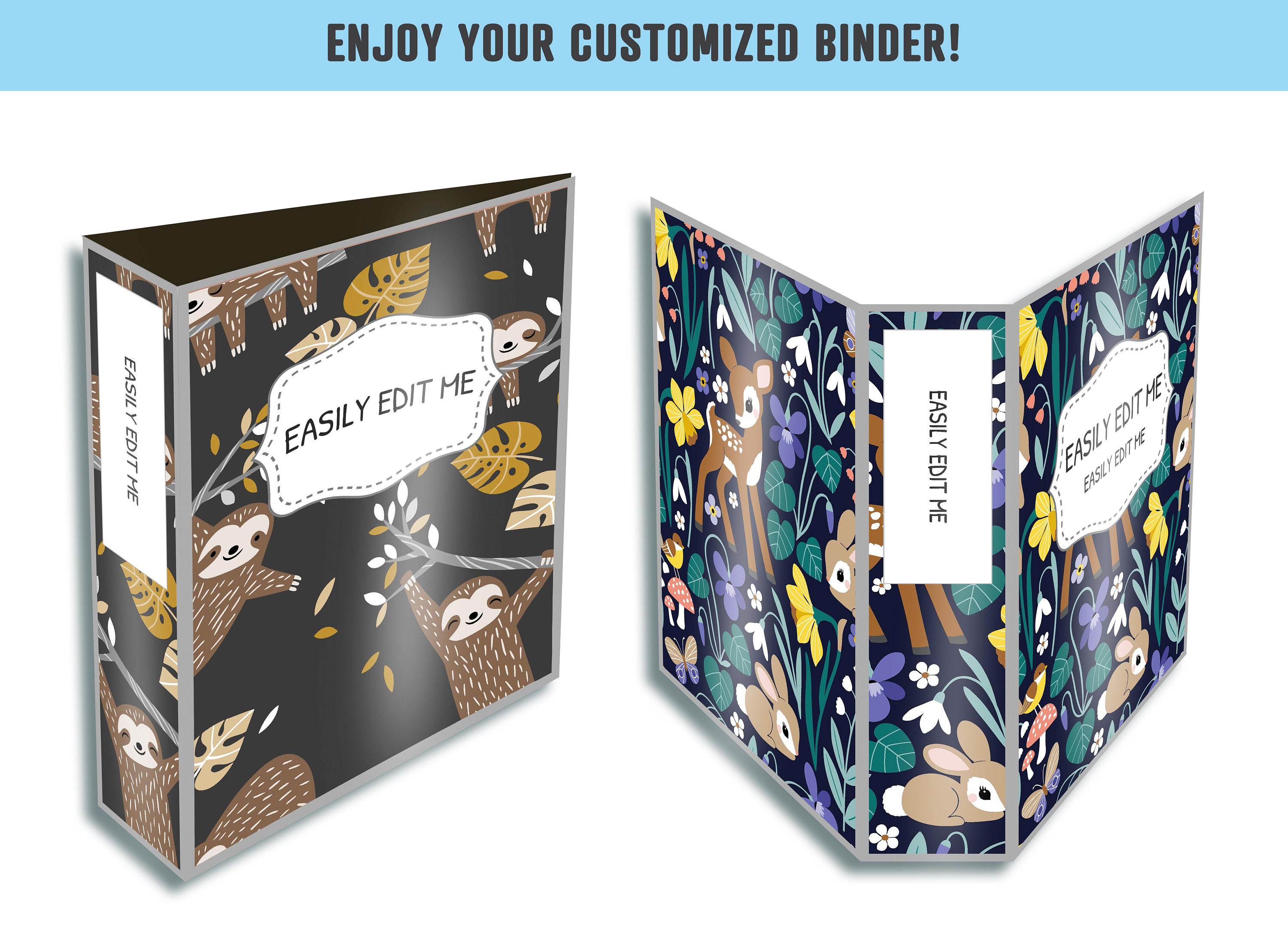 Cute Animal and Forest Binder Cover, 10 Printable & Editable Binder ...