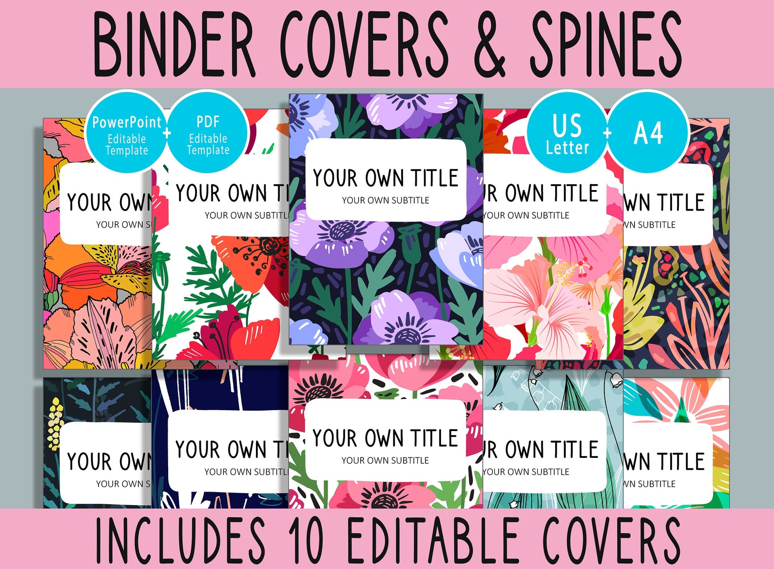 10 Editable Flower Pattern Binder Covers, Includes 1, 1.5, 2 Spines ...