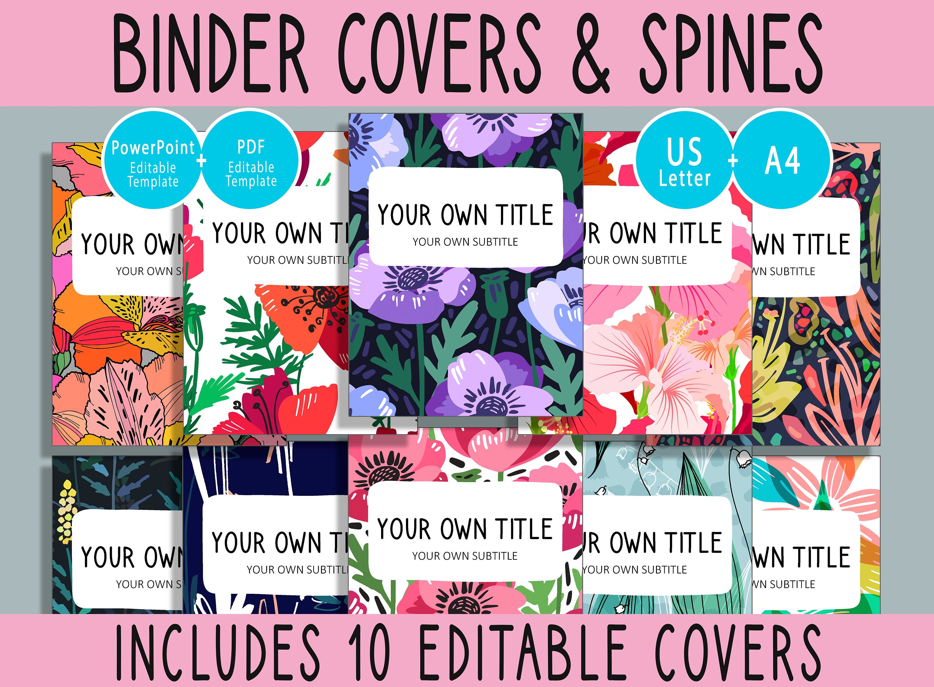 10 Editable Flower Pattern Binder Covers, Includes 1, 1.5, 2 Spines ...