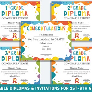 Editable 2nd Grade Graduation, 1st to 8th Grade Diploma, Certificate of ...