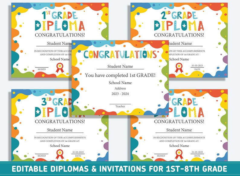 Editable 2nd Grade Graduation, 1st to 8th Grade Diploma, Certificate of ...