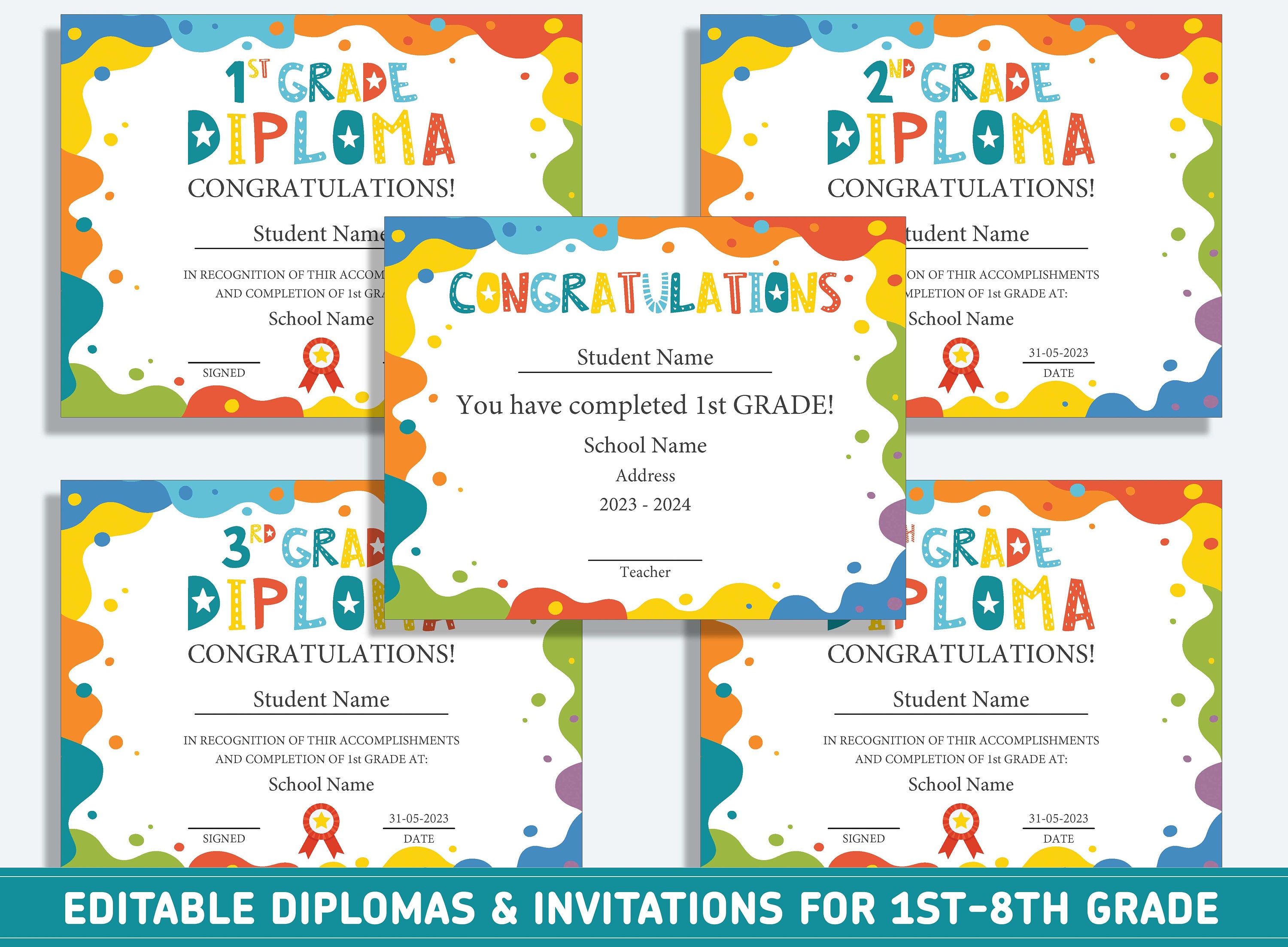 Editable 2nd Grade Graduation, 1st to 8th Grade Diploma, Certificate of ...