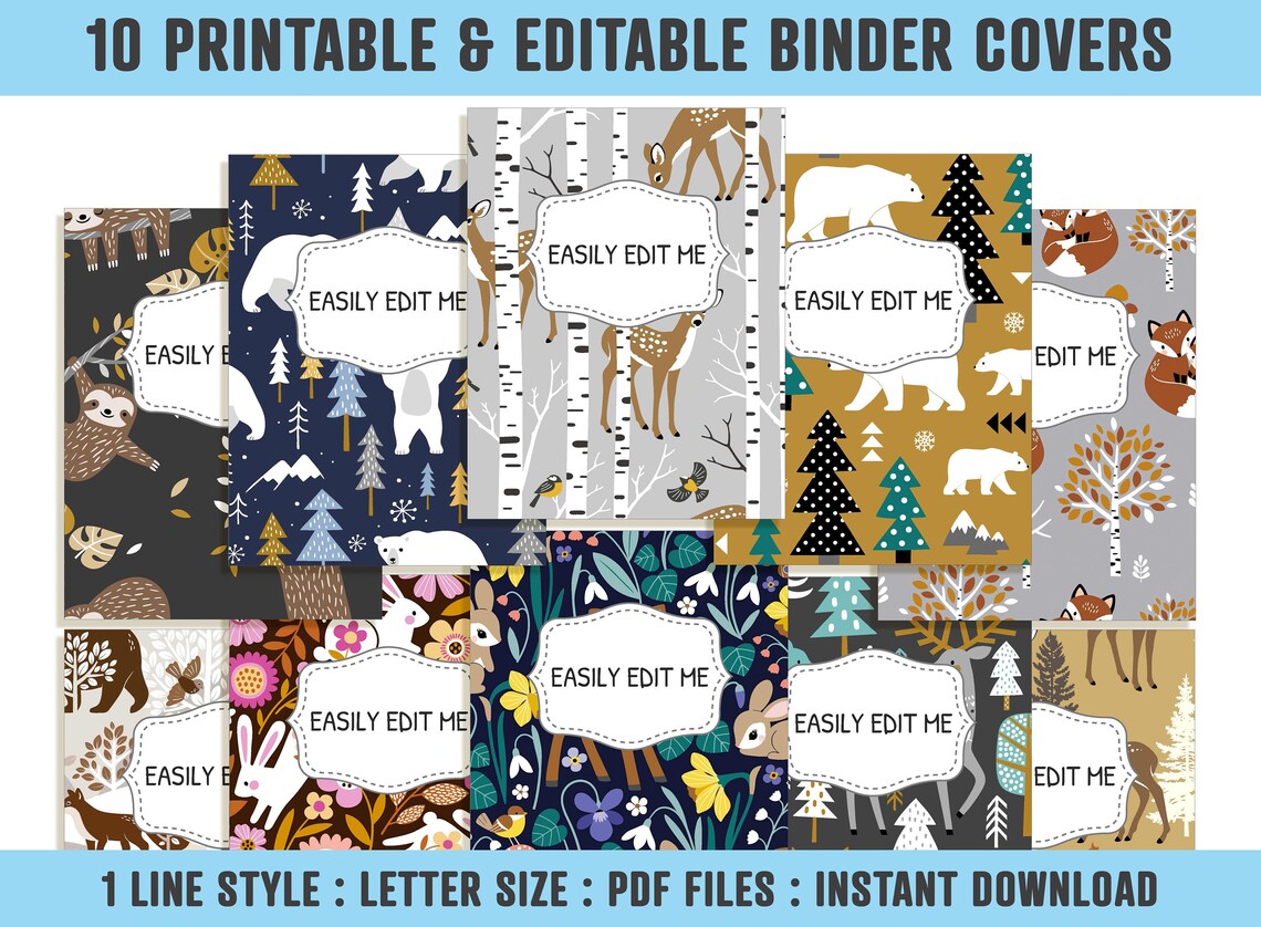 Cute Animal and Forest Binder Cover 10 Printable & Editable - Etsy