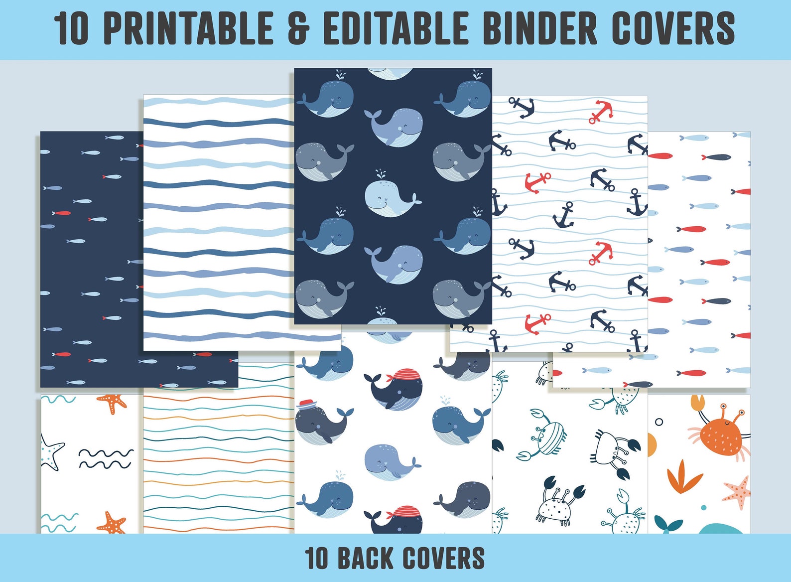 Whales and Waves Binder Cover 10 Printable/editable Binder - Etsy