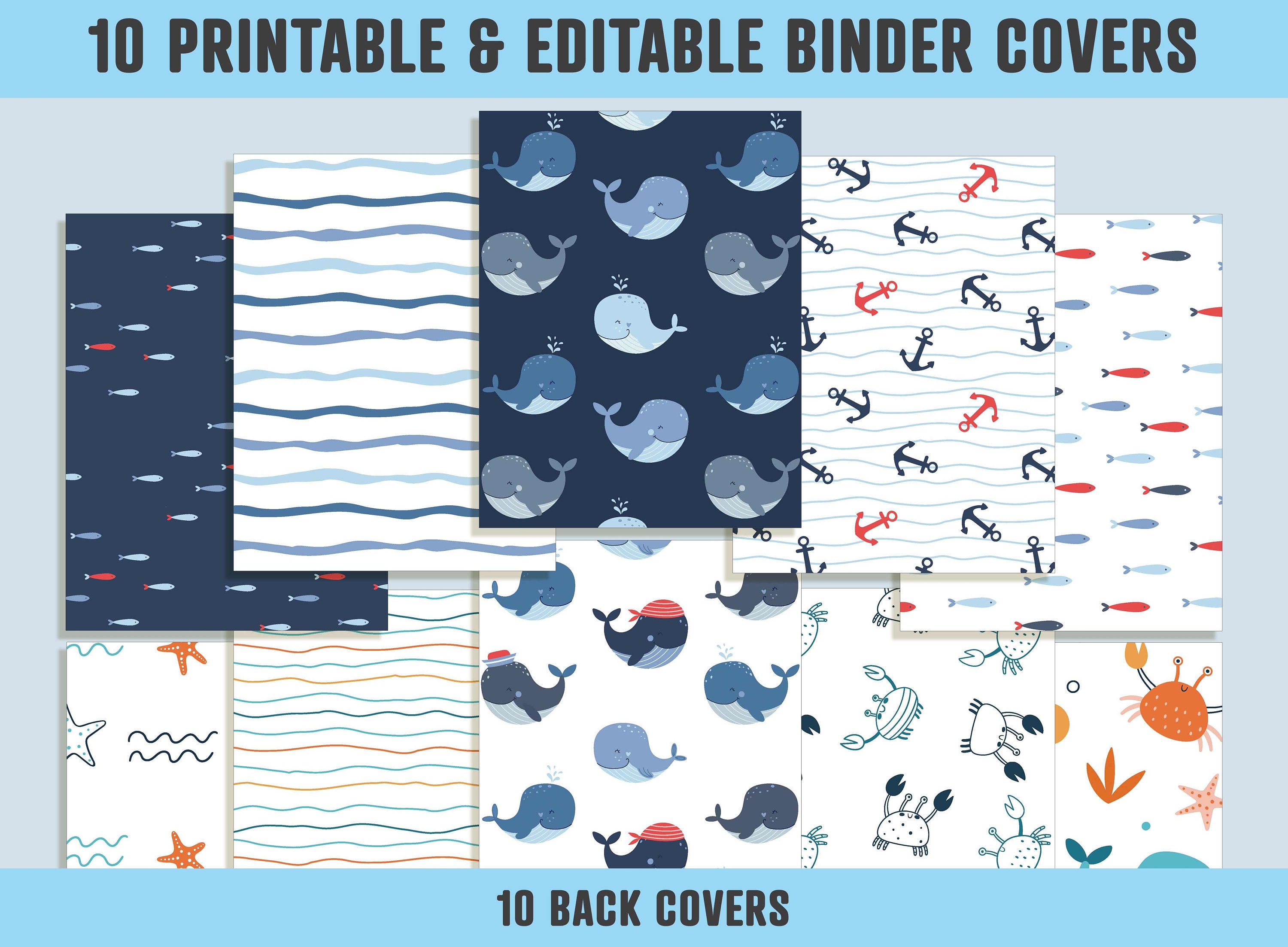 Whales and Waves Binder Cover 10 Printable/editable Binder - Etsy