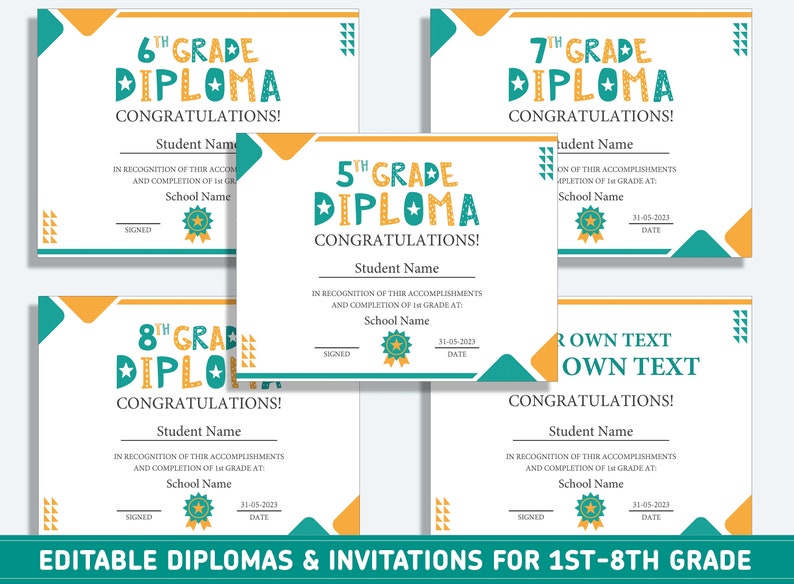 Editable 1st Grade Diploma Second to 8th Grade Diploma - Etsy