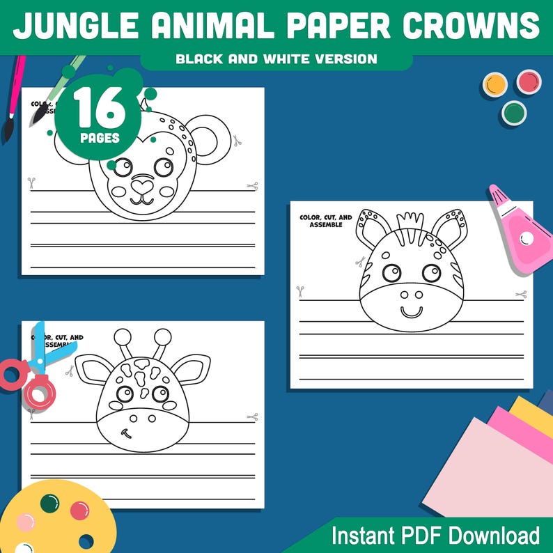 Jungle Animal Paper Crowns for Kids: 8 Fun Printable Headbands to Color ...