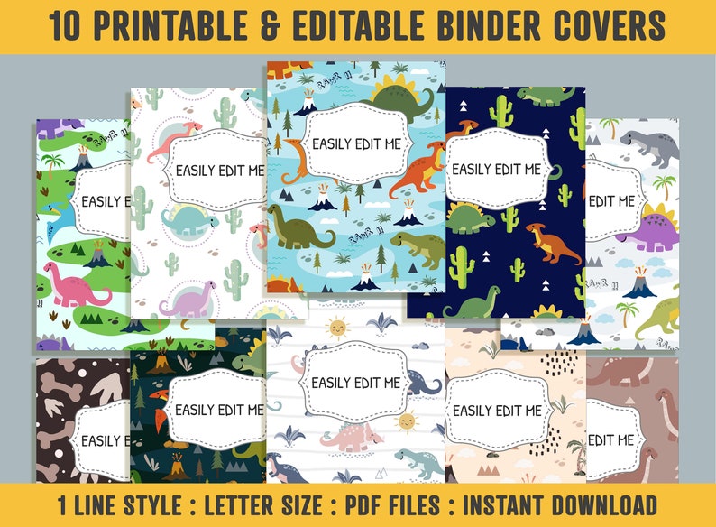 Cute Dinosaur Family Binder Cover, 10 Printable & Editable Binder ...