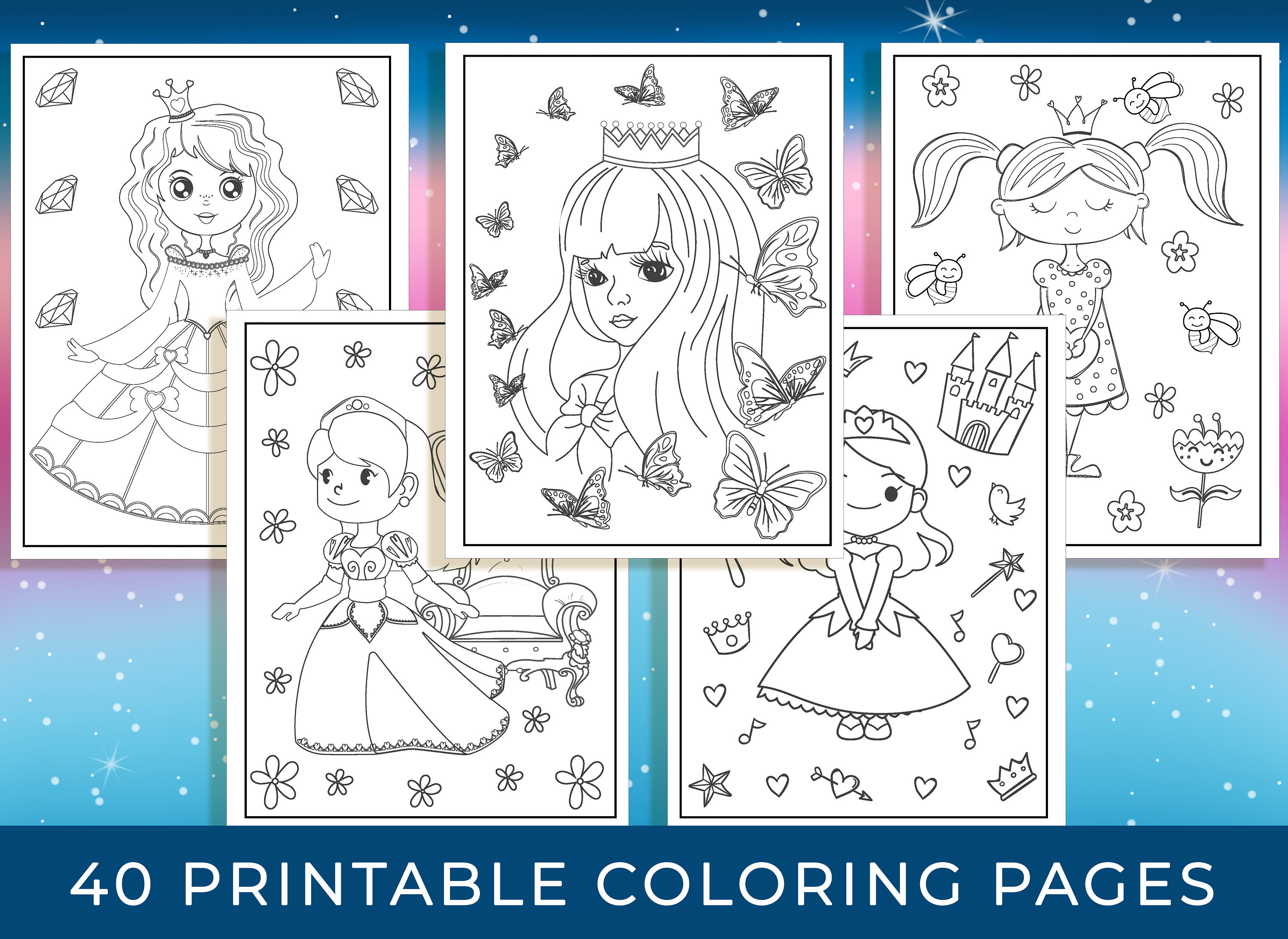 Princess Coloring Pages 40 Printable Princess Coloring Pages | Etsy