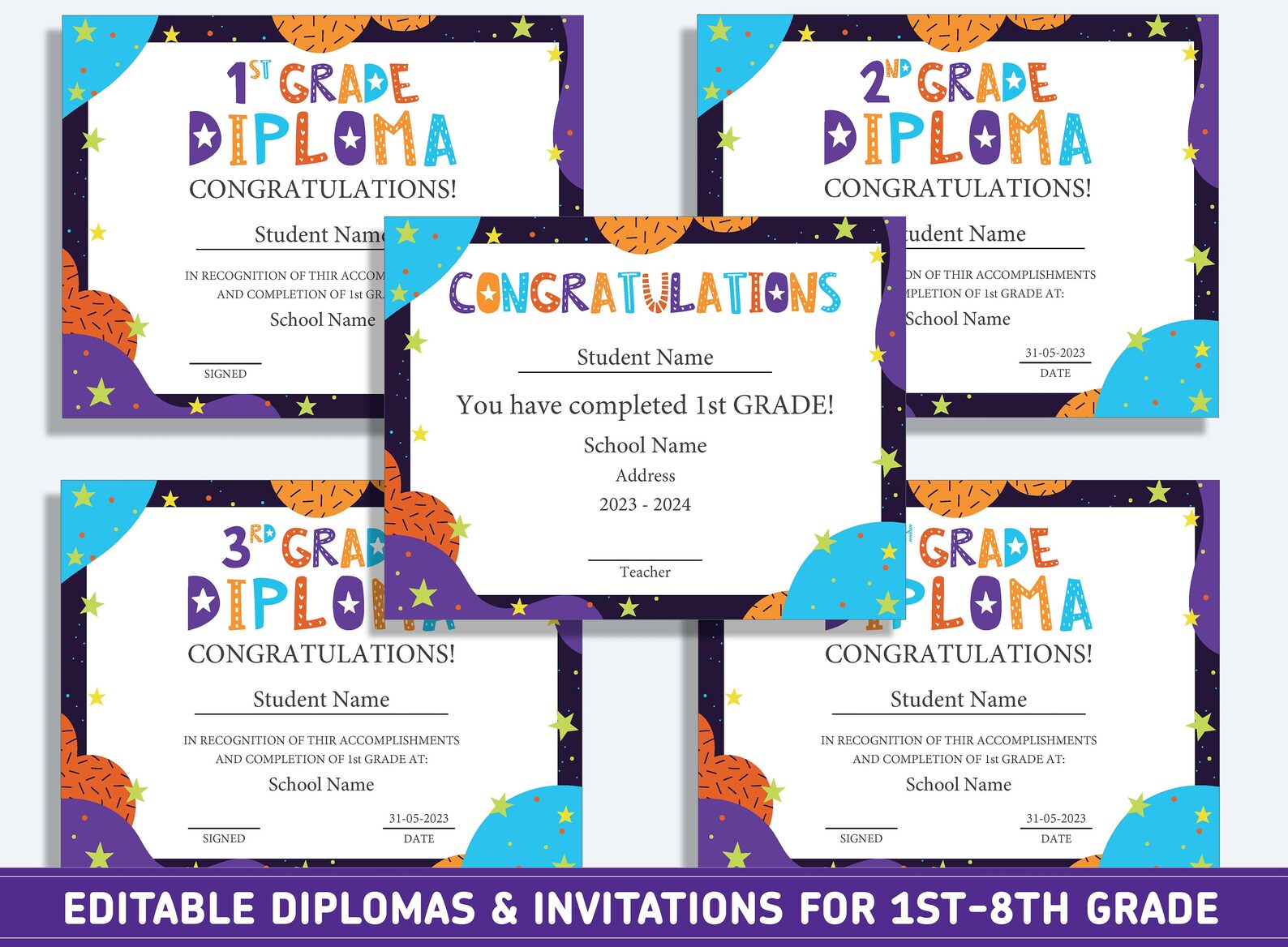 Editable Second Grade Certificate, 1st to 8th Grade Diploma ...