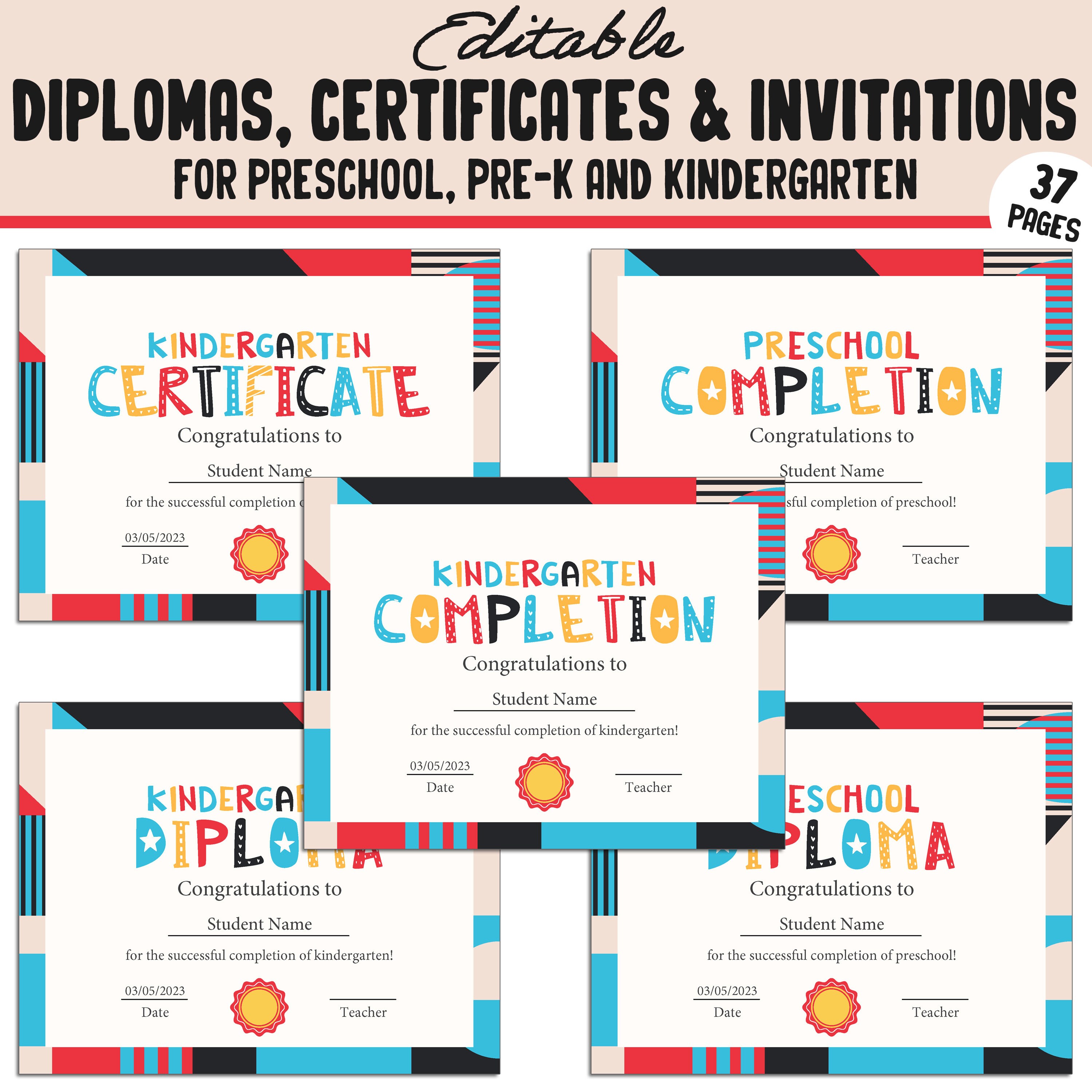 Editable End of the Year Certificates, Diplomas & Invitations for ...
