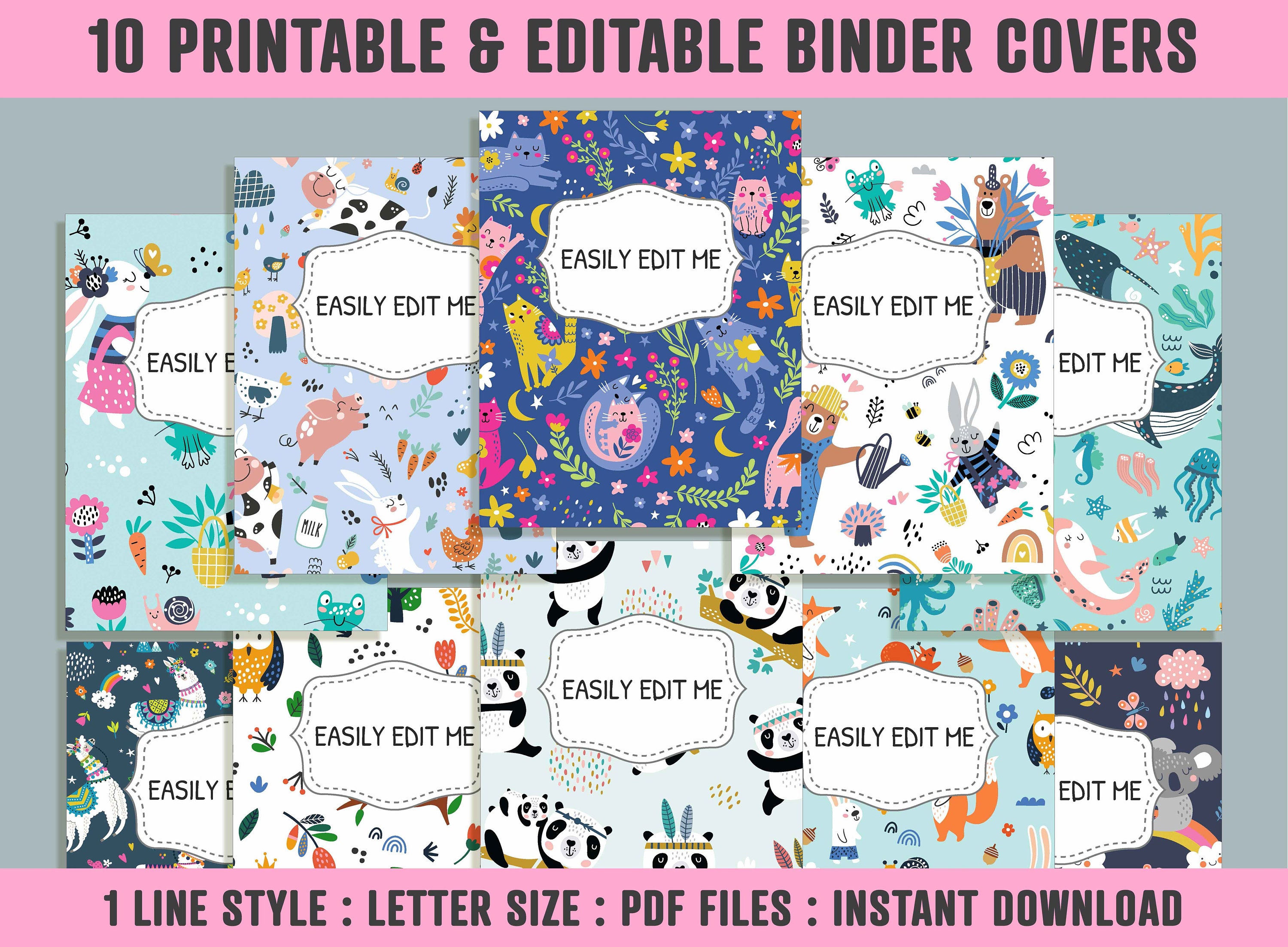 Cute Funny Animals Binder Cover, 10 Printable & Editable Binder Covers ...