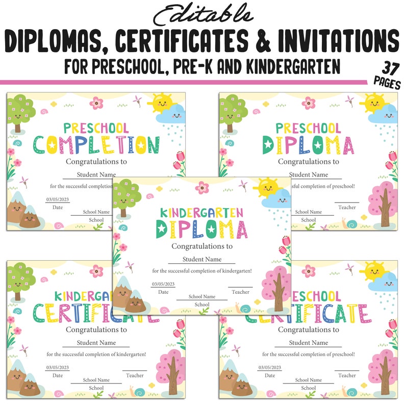 37 Editable Pre-k Certificates, Lovely Nature Themed, Kindergarten ...