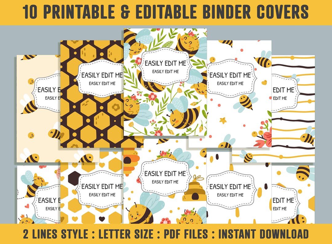 Honey Bee Binder Cover, 10 Printable & Editable Binder Covers Spines ...
