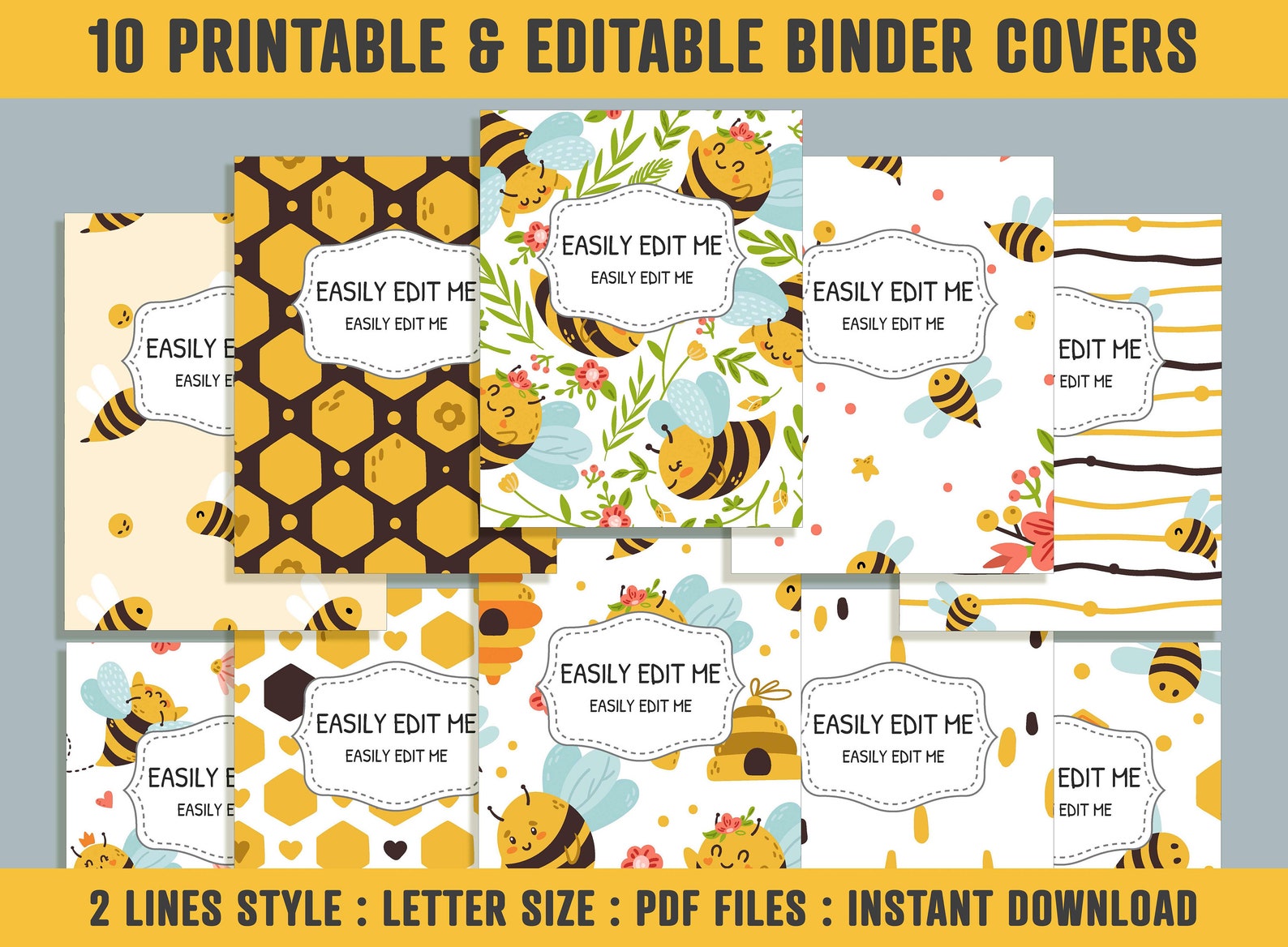 Honey Bee Binder Cover, 10 Printable & Editable Binder Covers + Spines ...
