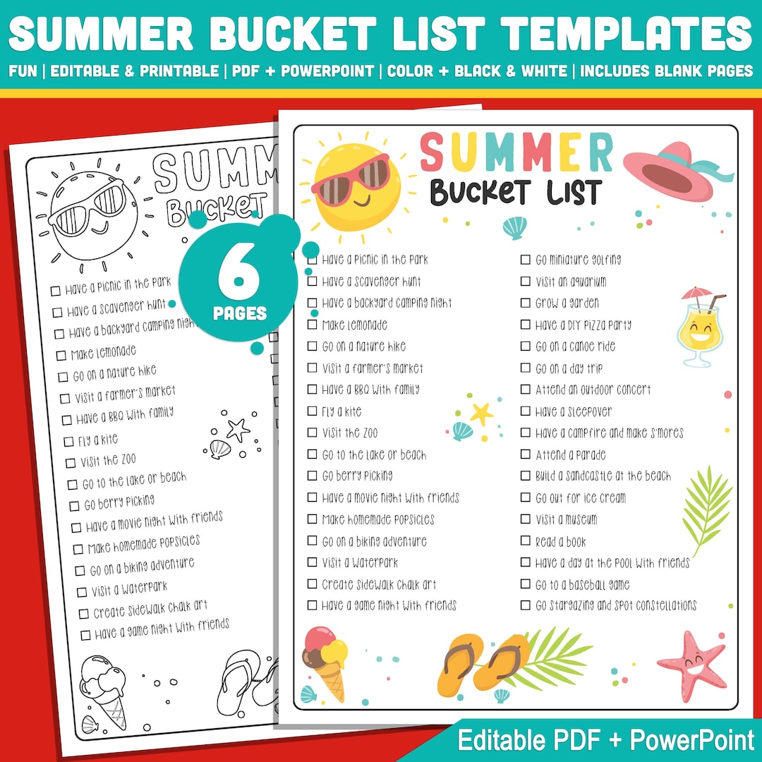 Summer Bucket List Templates for Kids, Editable PDF and Powerpoint, Pre ...
