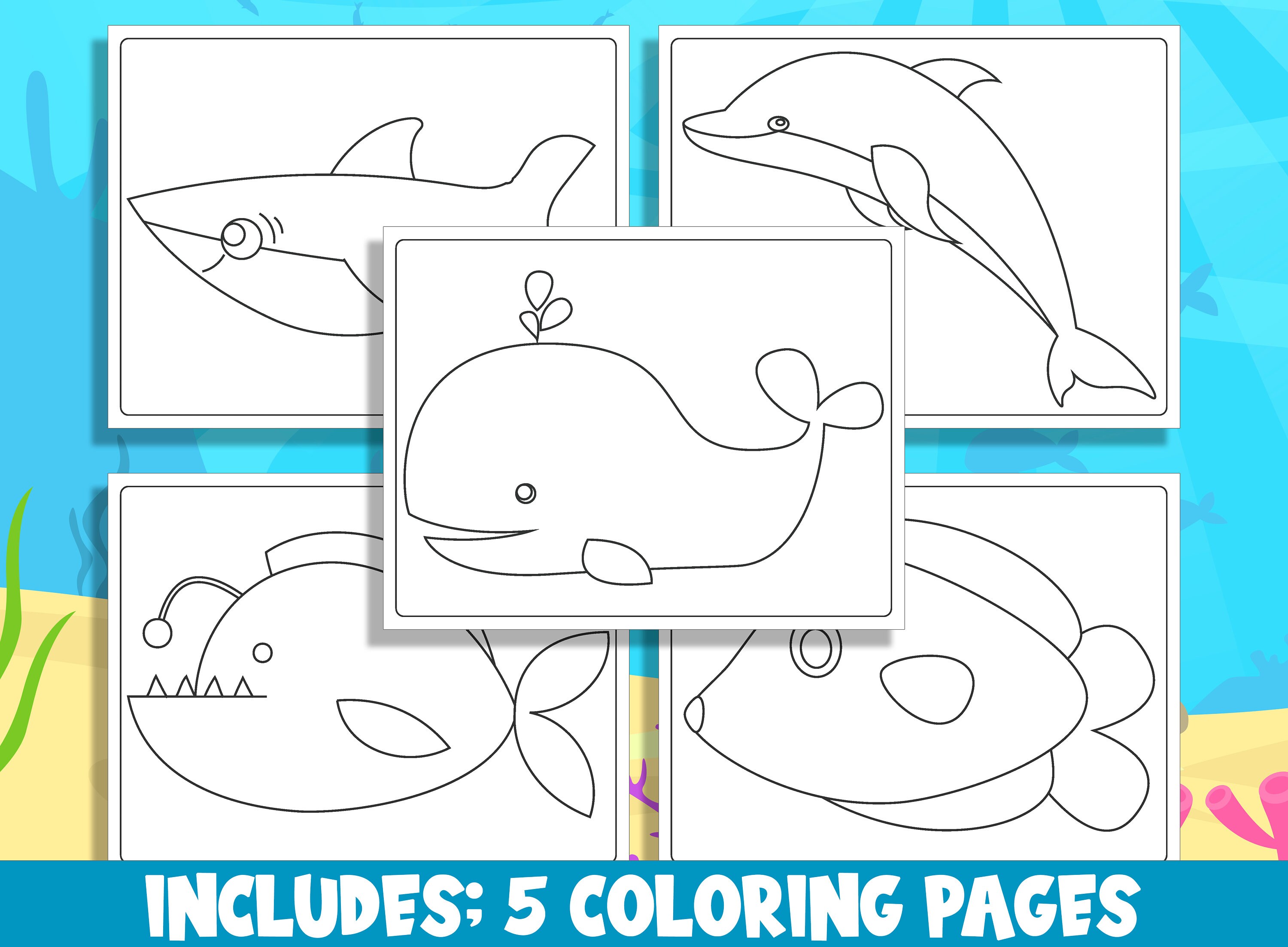 Learn How to Draw Sea Animals whale, Shark, Dolphin, Anglerfish, Tang ...