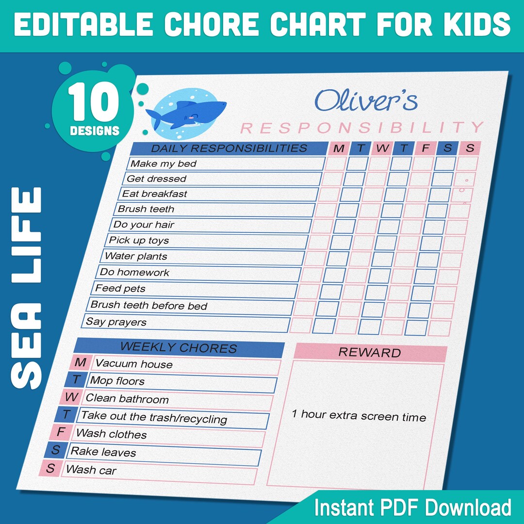 Sea Life-themed Editable Chore and Responsibility Chart for Kids ...