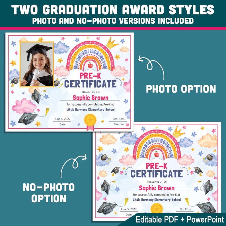 Pre-k Completion Certificate, Editable Rainbow Awards for Ceremony Day ...